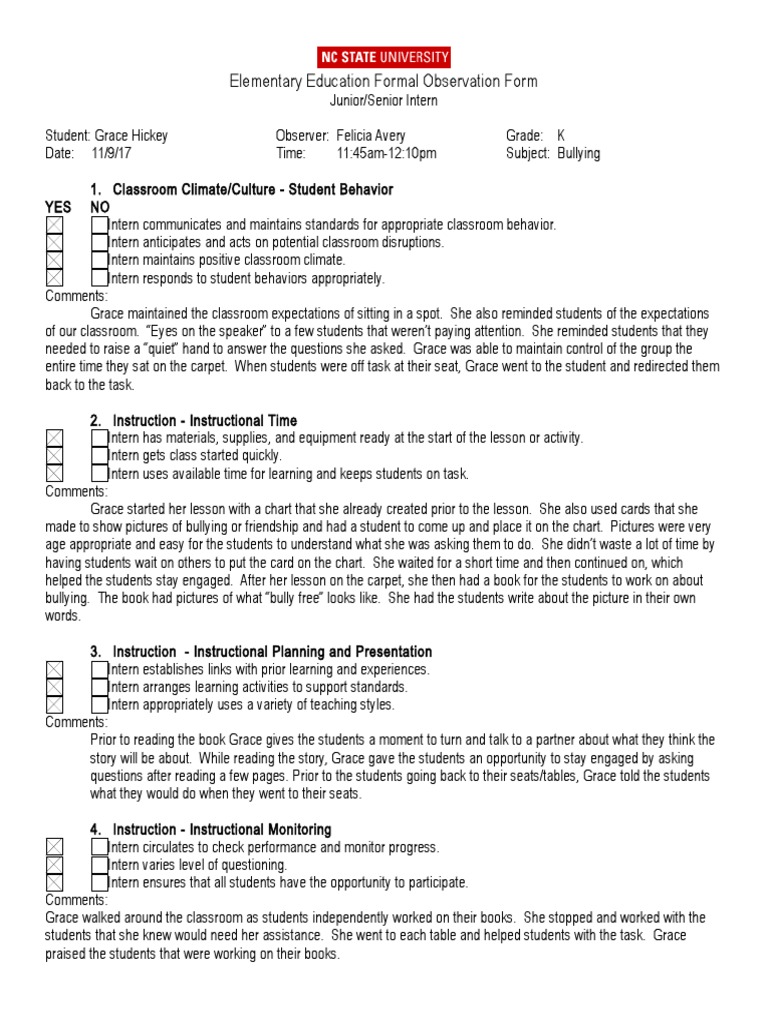 Mentor Teach Observation Form | PDF | Educational Assessment | Internship