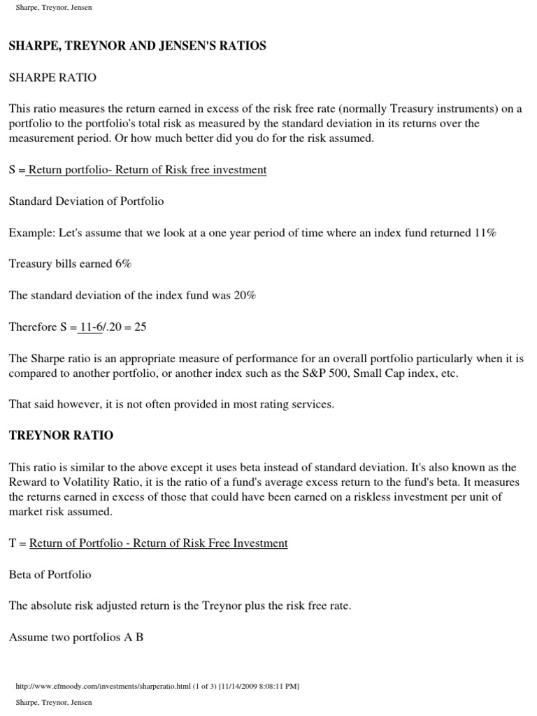 Sharpe, Treynor, and Jensen Ratio | PDF | Sharpe Ratio | Beta (Finance)