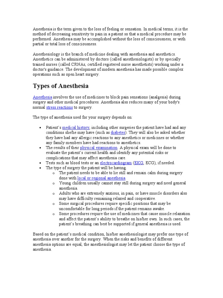 Overview of Anesthesia Types and Methods | PDF | Anesthesia | Surgery