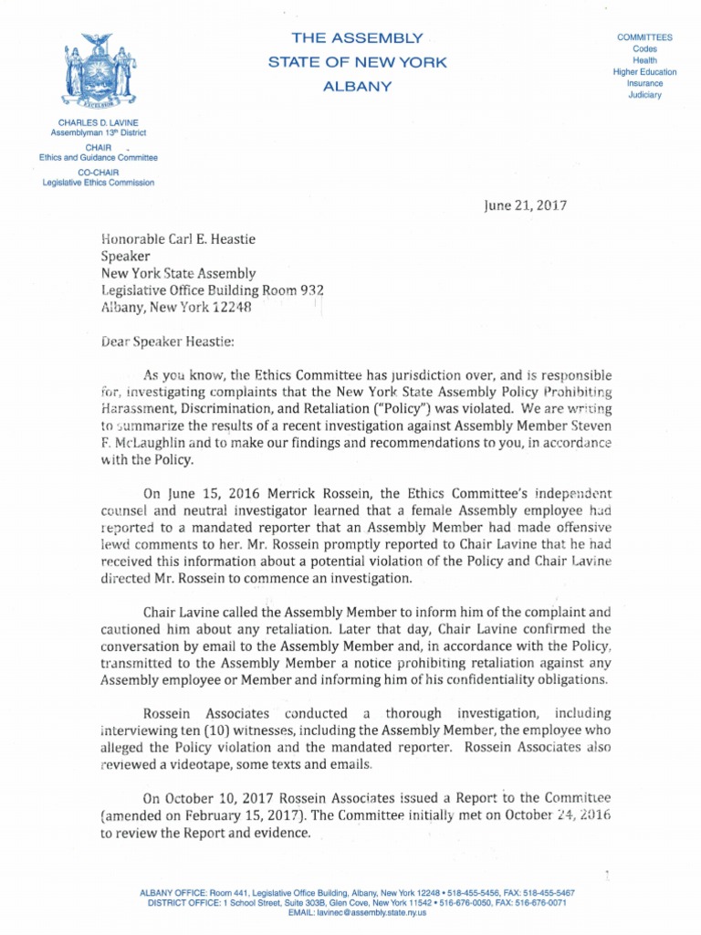 6-21-17 Ethics Committee letter to Heastie re: McLaughlin investigation
