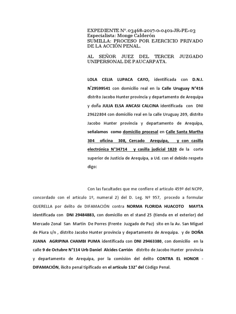 Modelo Querella Nuevo Código Procesal Penal 1 | PDF | Delito | Derecho penal