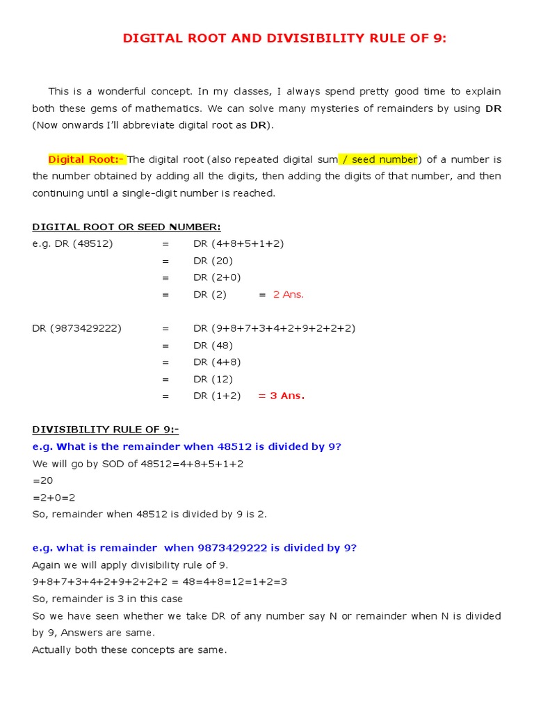 Digital Root and Divisibility Rule of 9 | PDF | Numbers | Elementary ...