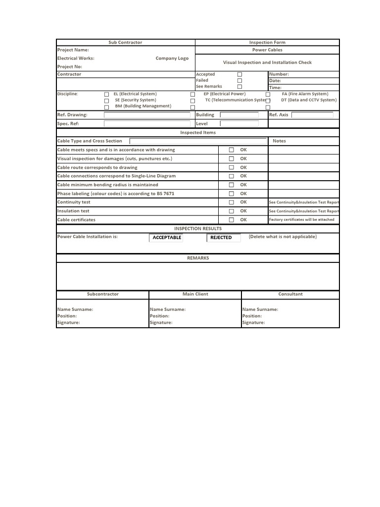 Inspection Cable Form | Engineering | Manufactured Goods