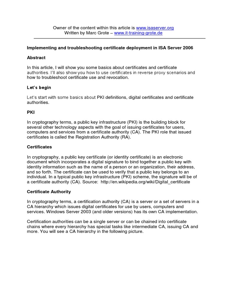 Implementing and Troubleshooting Certificate Deployment in ISA Server 2006 | Download Free PDF ...