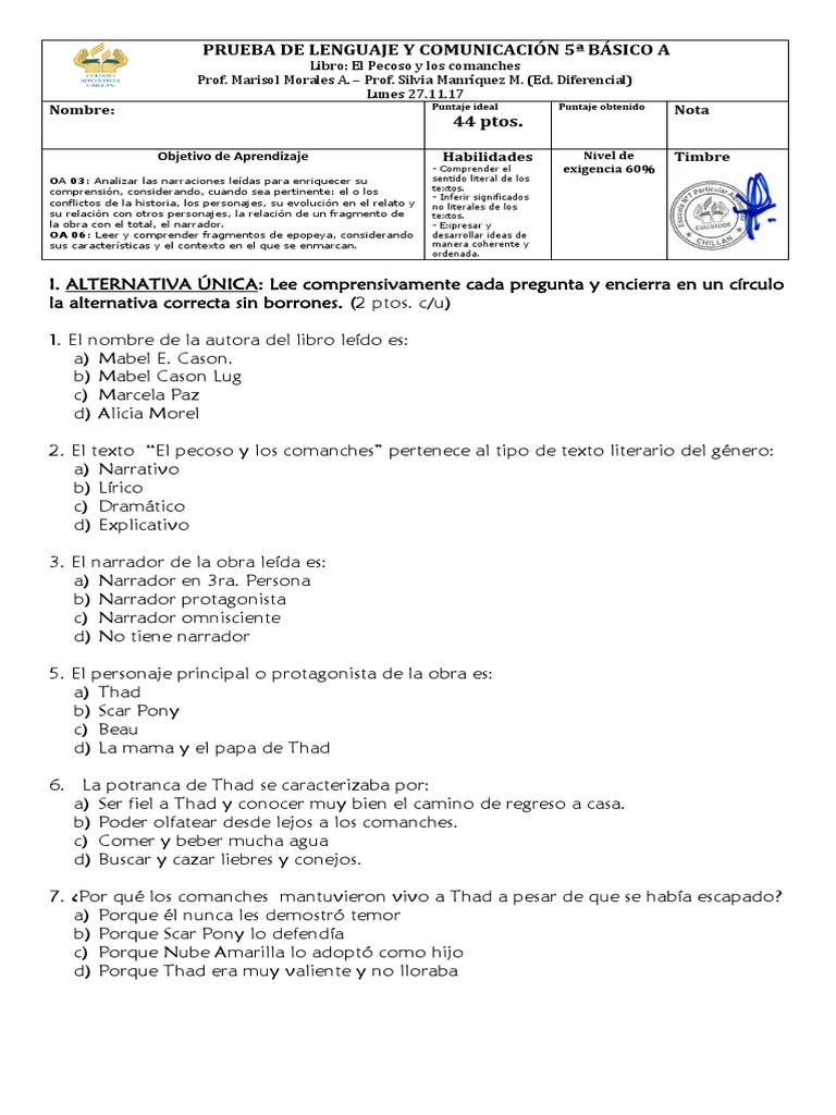 Prueba de Libro El Pecoso y Los Comanches 5 Básico Adecuada | PDF ...