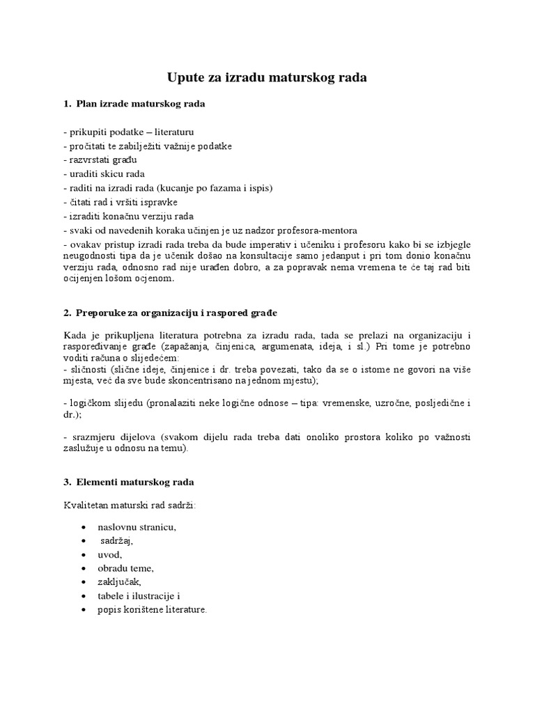 Upute Za Izradu Maturskog Rada PDF | PDF