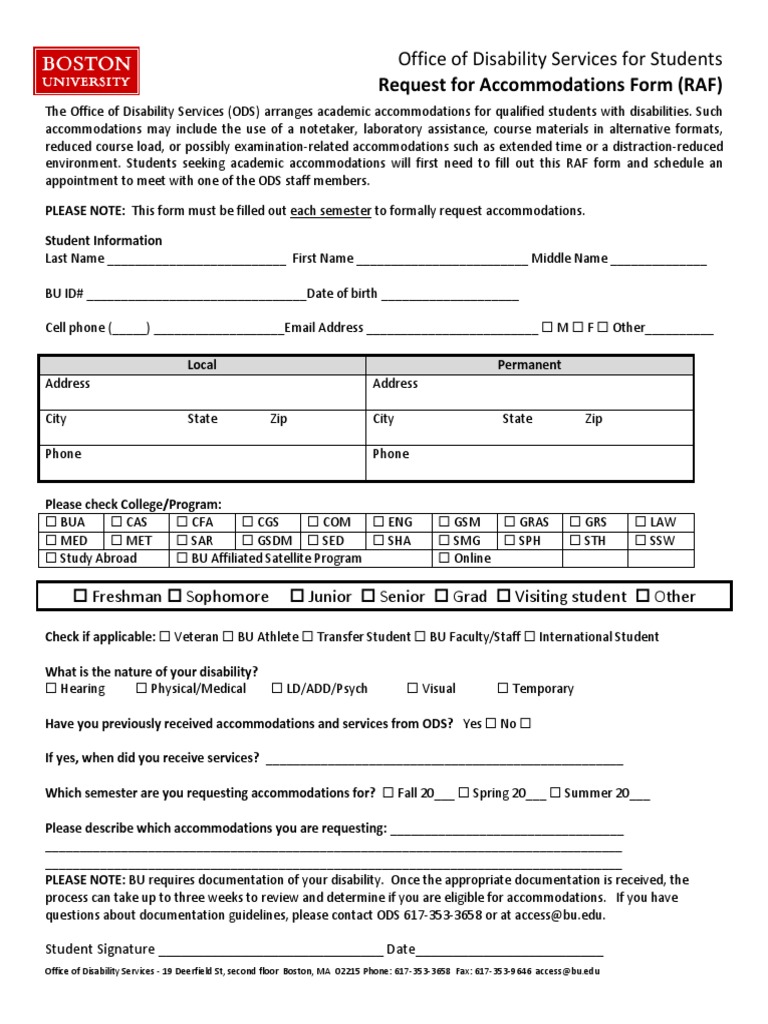 Request For Accommodations Form (RAF) : Office of Disability Services ...