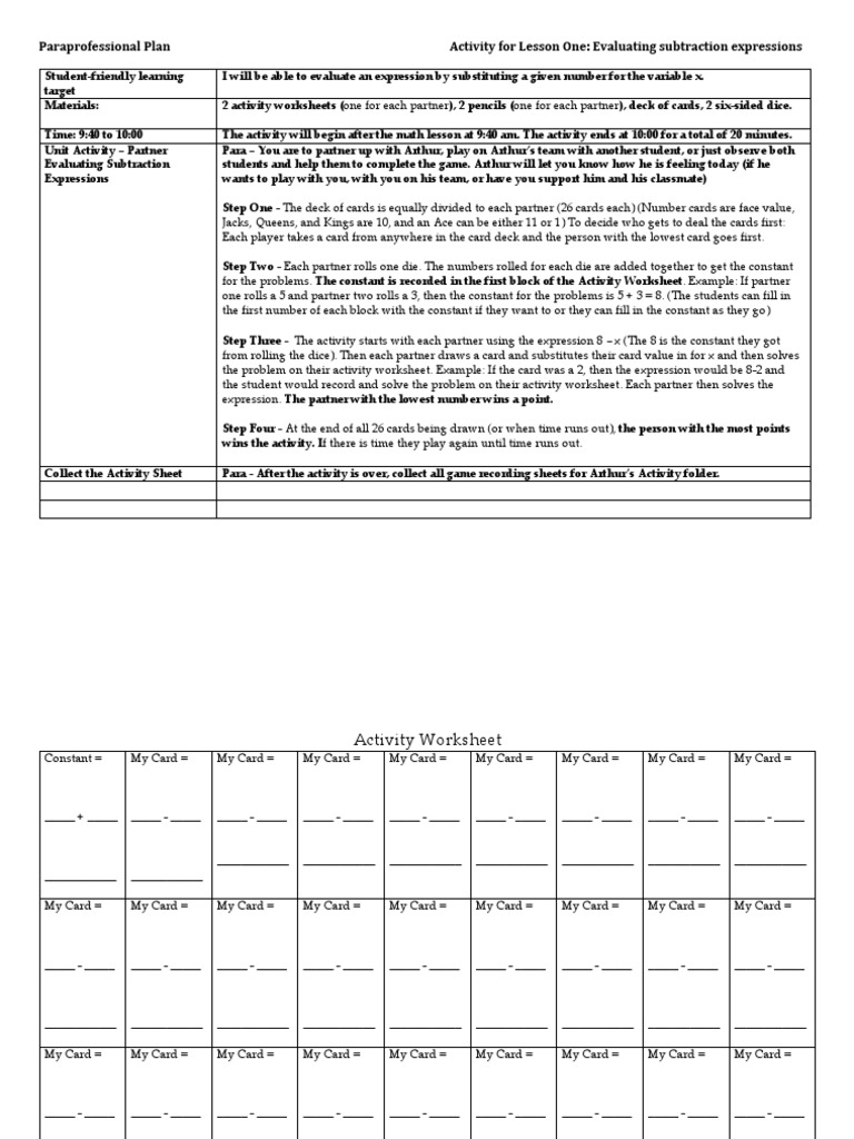 Paraprofessional Plan: Activity For Lesson One: Evaluating Subtraction ...