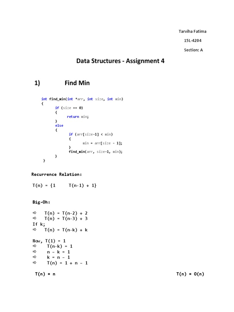 Data Structures - Assignment 4: Tarviha Fatima 15L-4204 Section: A | Download Free PDF ...
