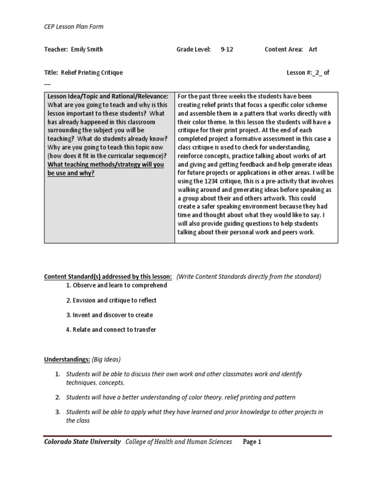 Lesson Idea/Topic and Rational/Relevance:: CEP Lesson Plan Form | PDF ...