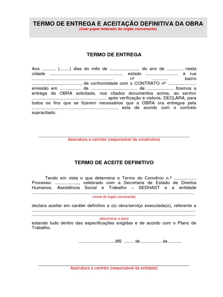 Termo de Entrega e Aceite Definitivo Da Obra Modelo | Business