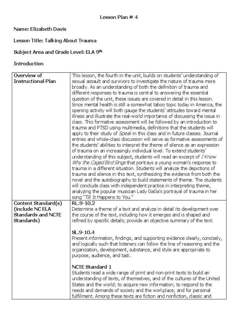 Lesson Plan 4 Inquiry | PDF | Psychological Trauma | Posttraumatic ...