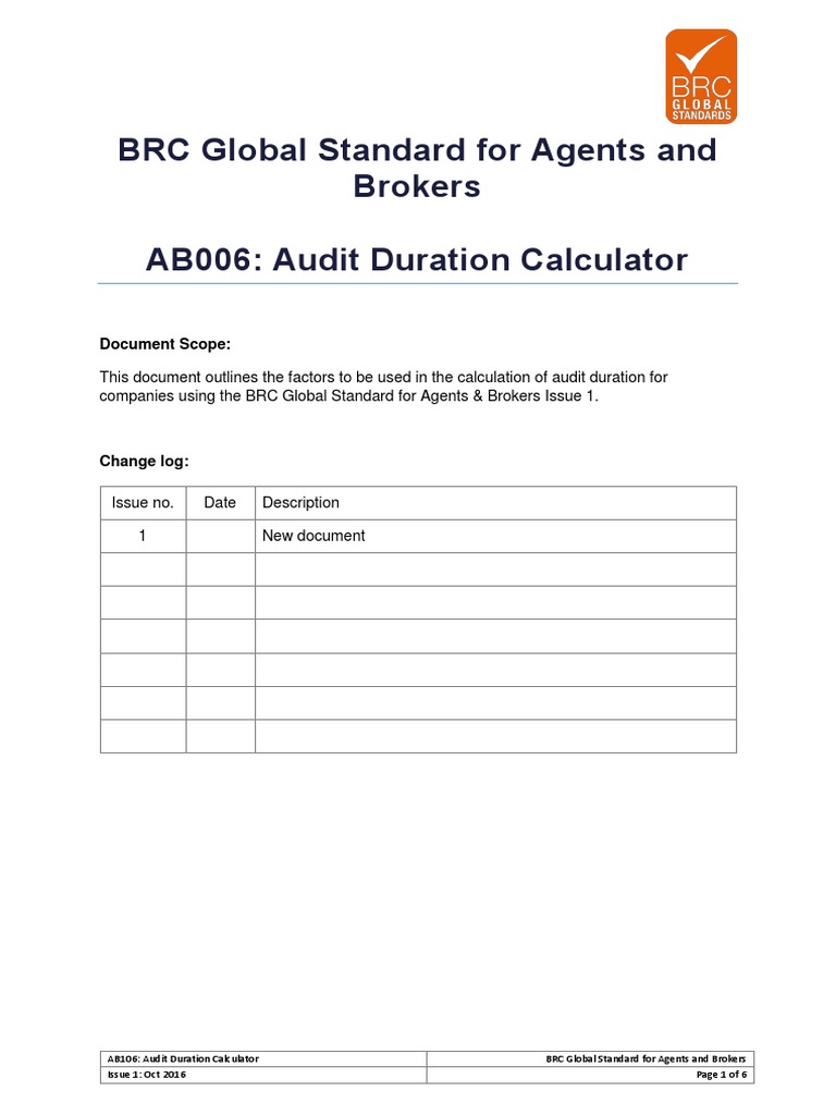 BRC Global Standard For Agents Brokers - Audit Duration Calculator ...