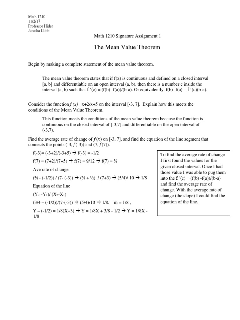 Math 1210: Mean Value Theorem | PDF | Speed | Derivative