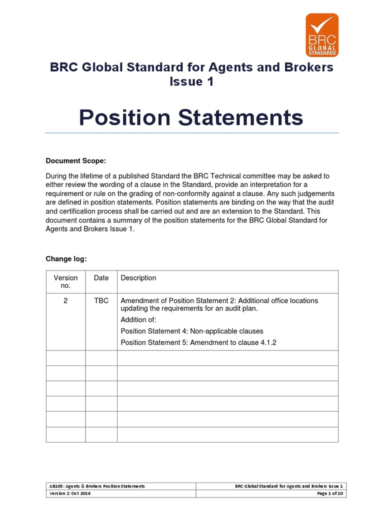 BRC Global Standard For Agents and Brokers - Position Statements | PDF | Auditor's Report | Audit