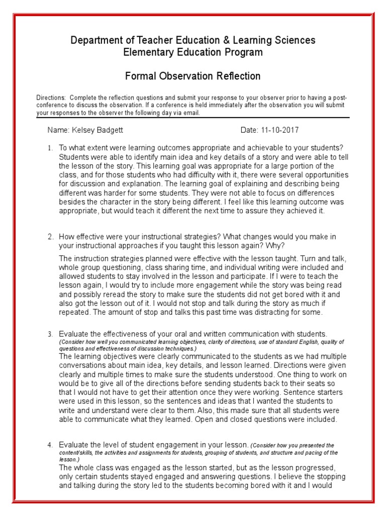 Department of Teacher Education & Learning Sciences Elementary ...