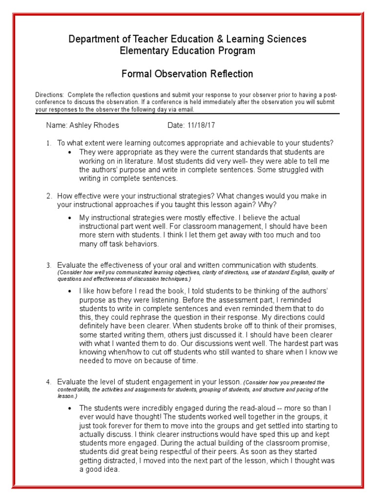 Postobservationreflection | PDF | Classroom Management | Communication