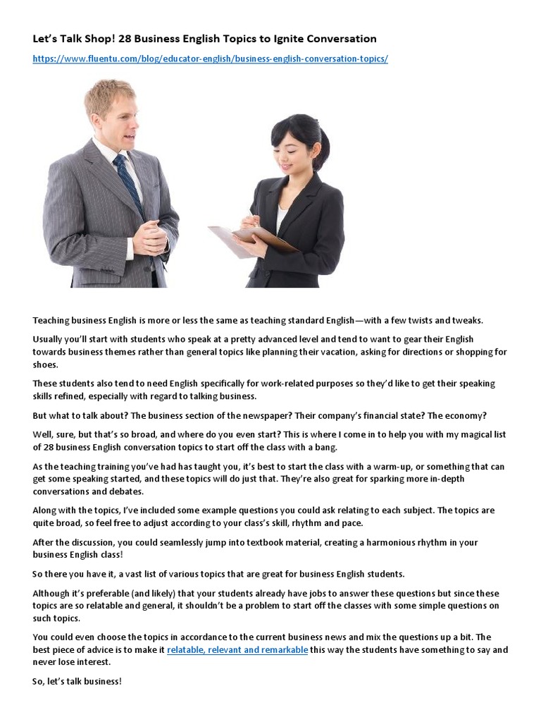 28 Conversation Topics For Business English Students | PDF | Job ...