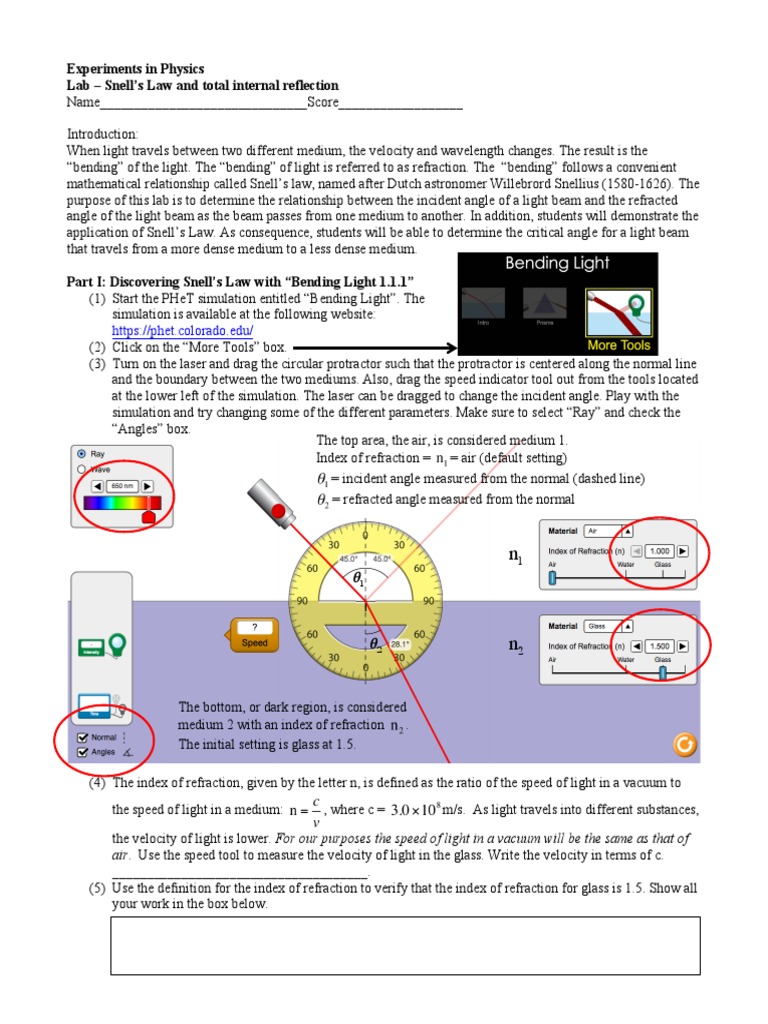 Lab Snells Law and TIR Using Phet Sim | PDF | Speed Of Light | Refraction