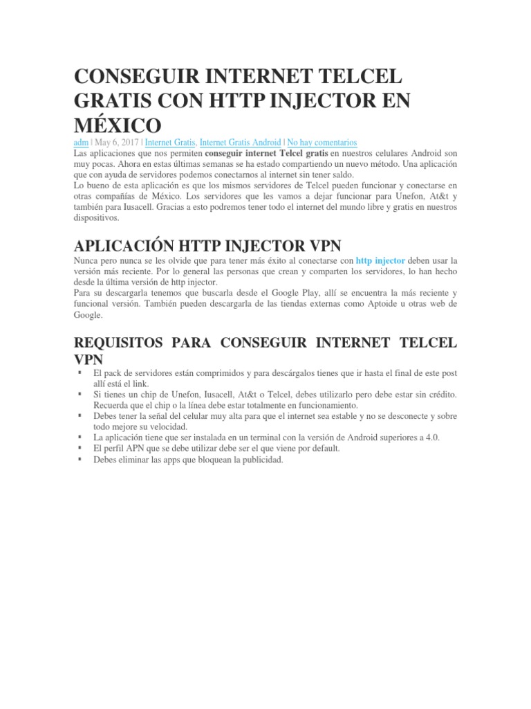 Conseguir Internet Telcel Gratis Con HTTP Injector en México | PDF