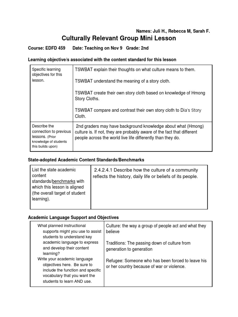Culturally Relevant Lesson Plan | PDF | Educational Assessment | Lesson ...