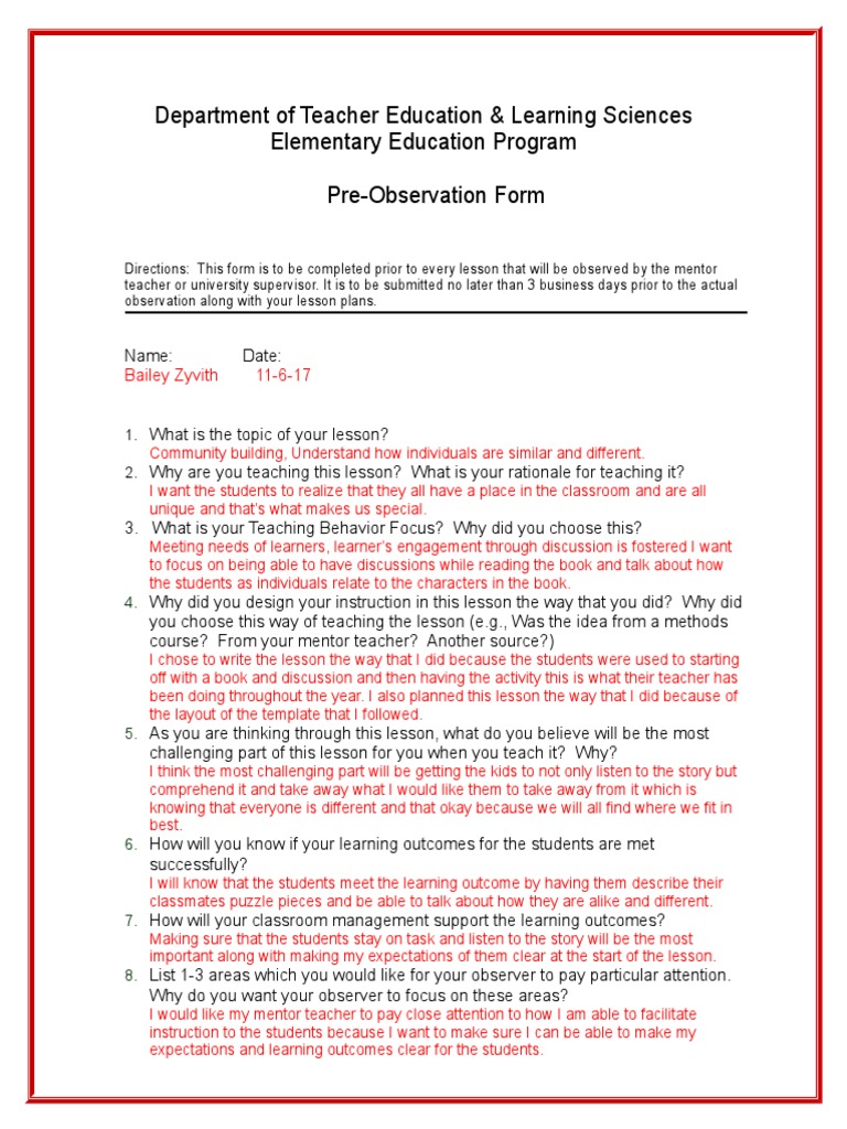 Pre Observation Form | PDF | Mentorship | Teachers