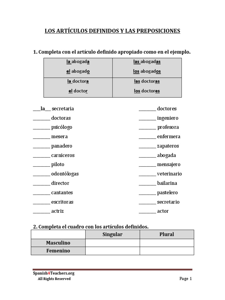 Worksheet Spanish Definite Articles Profession Articulos Definidos ...