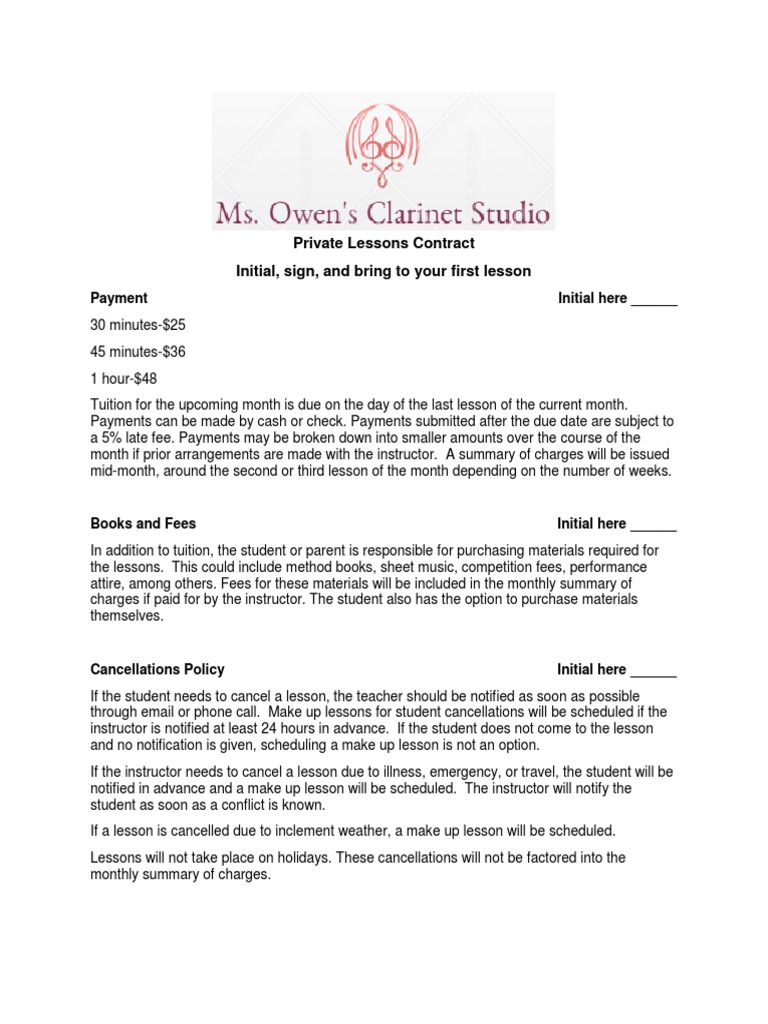 Lesson Contract | PDF | Fee | Tuition Payments