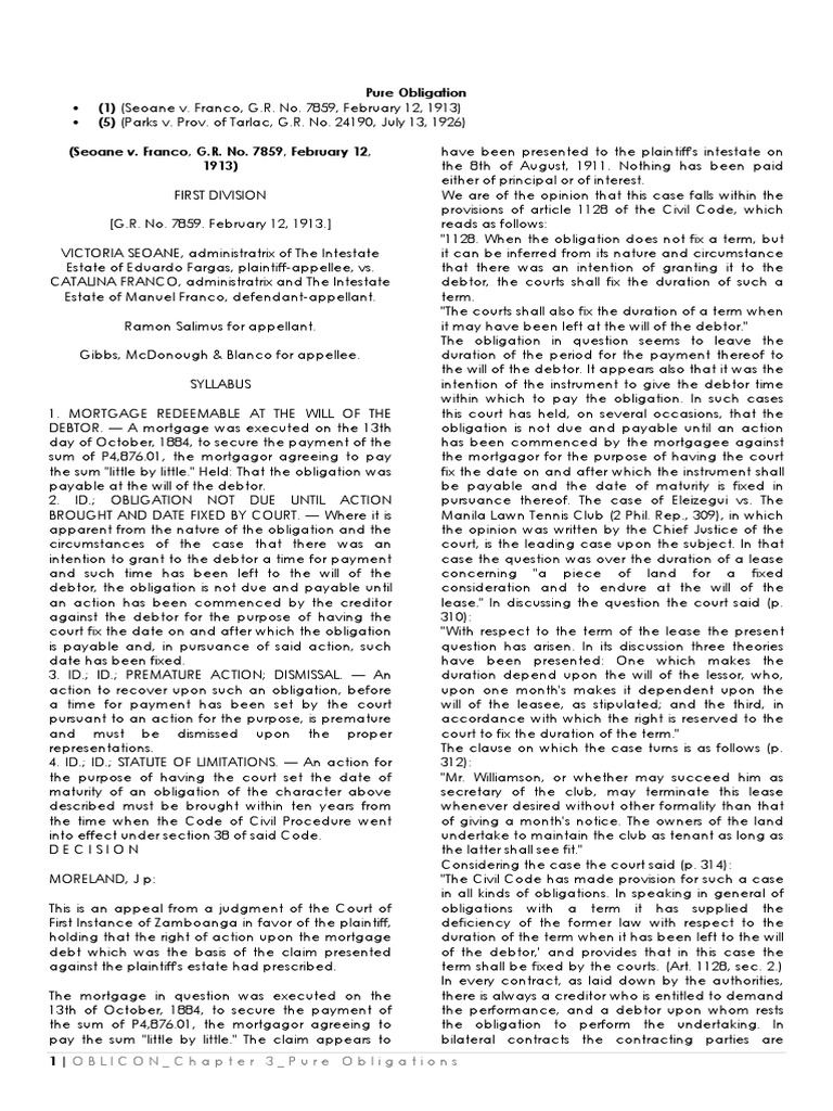 OBLICON Chapter 3 Pure Obligations | Download Free PDF | Mortgage Law | Lease