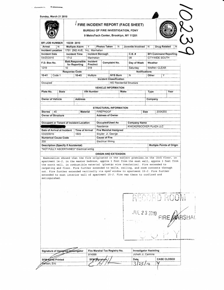 FDNY Fire Marshal's Report - 1751 Second Avenue - 3/20/2010 | PDF | New ...