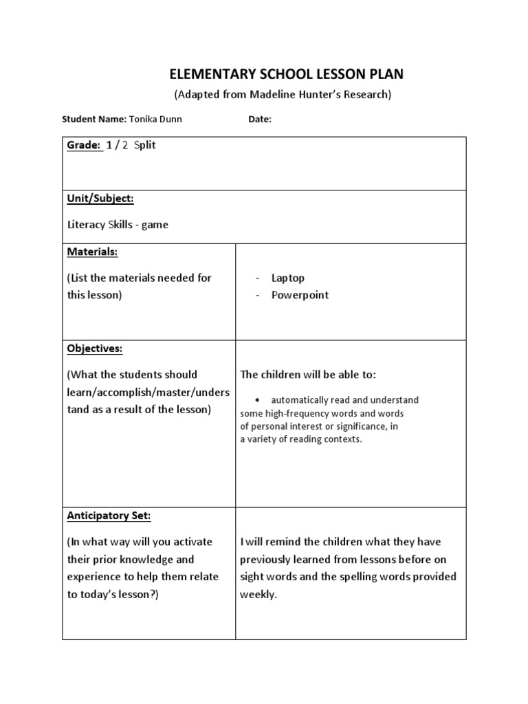 Elementary School Lesson Plan 8 | PDF | Lesson Plan | Homework
