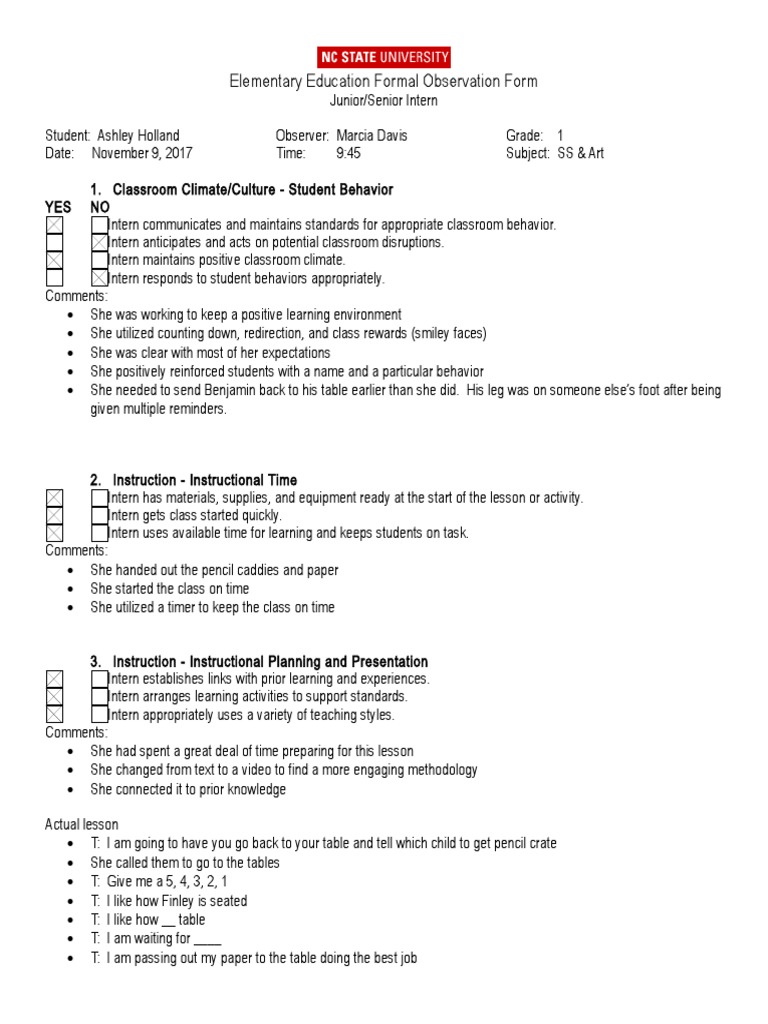 Elementary Education Formal Observation Form | PDF | Classroom ...