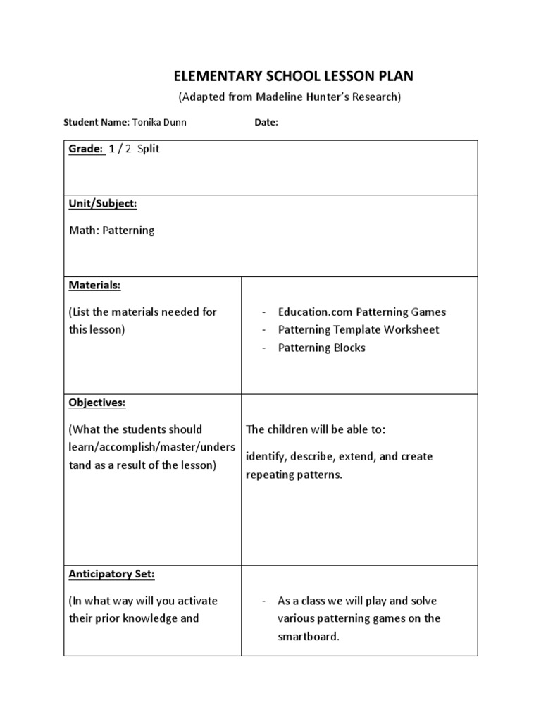 Elelementary School Lesson Plan: Grade: 1 / 2 Split | PDF | Lesson Plan ...