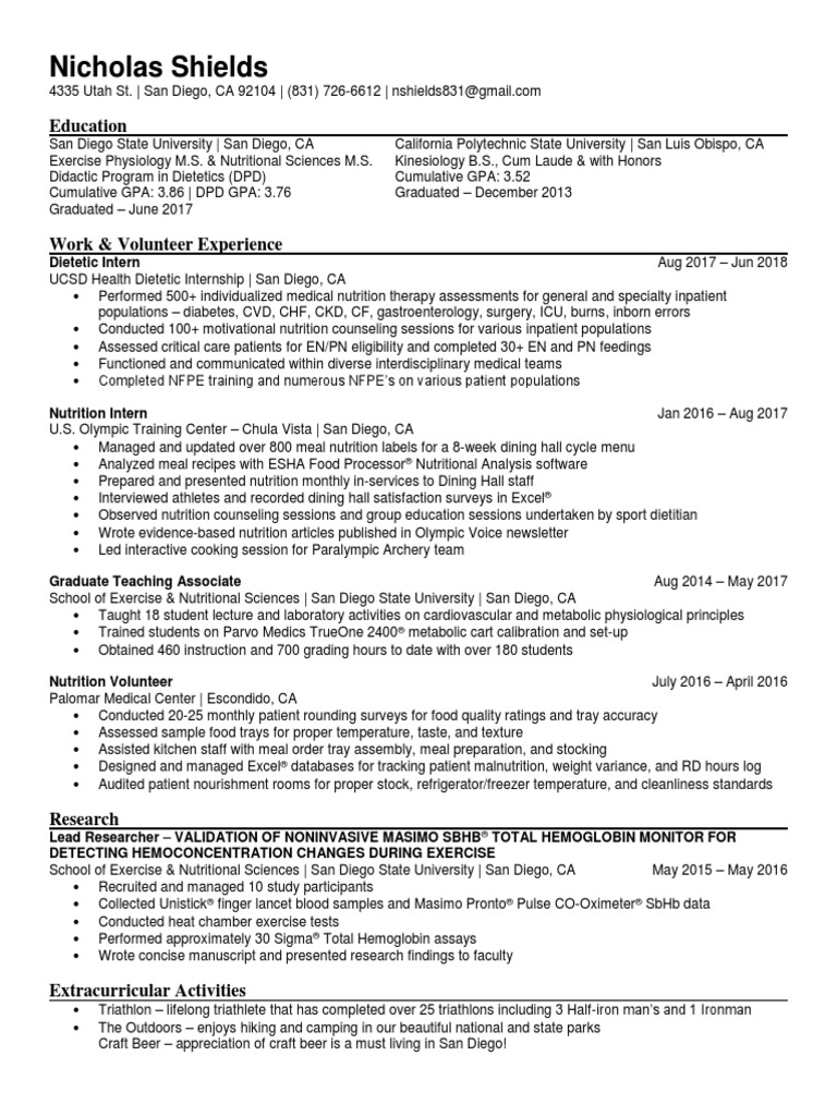Nicholas Shields Resume Clinical Dietitian | PDF | Dietitian | Health ...