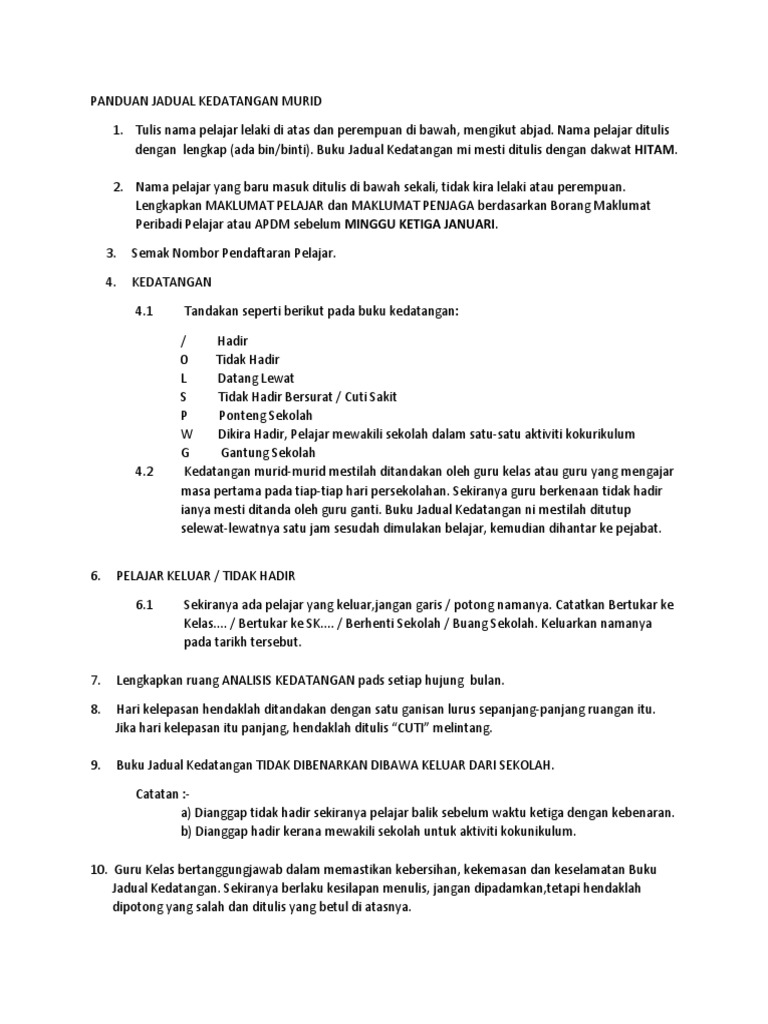 Panduan Jadual Kedatangan Murid | PDF