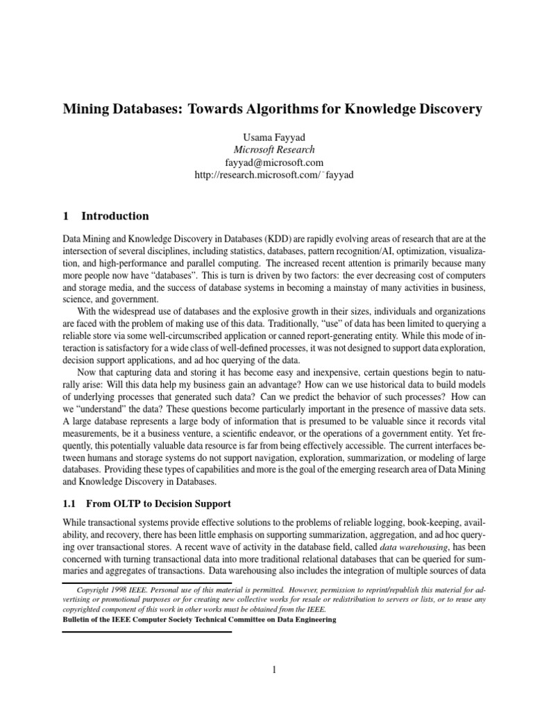 Mining Databases: Towards Algorithms For Knowledge Discovery | PDF | Data Mining | Cluster Analysis