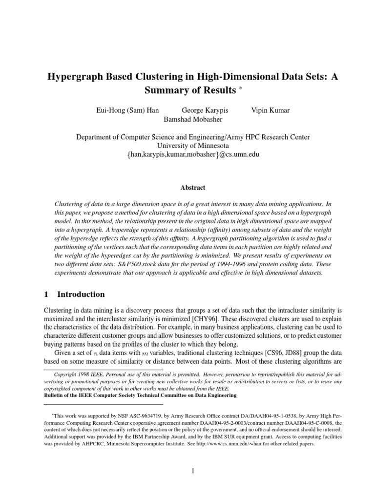 Hypergraph Based Clustering In High Dimensional Data Sets A Summary Of Results Pdf Cluster