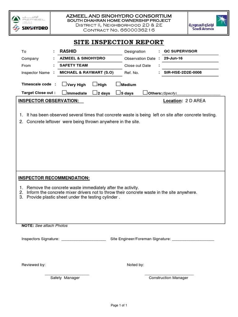 Site Inspection Report: Azmeel and Sinohydro Consortium District II ...