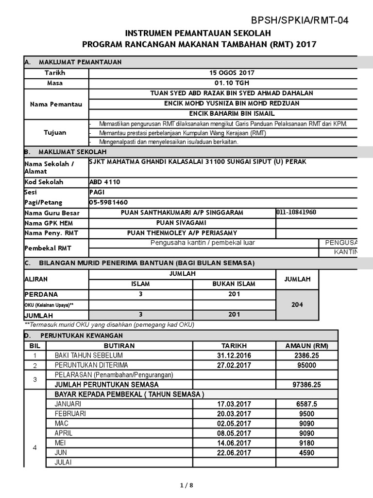 Borang Pemantauan RMT 2017 | PDF