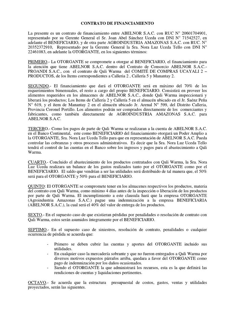 Contrato de Financiamiento | Economías | Business