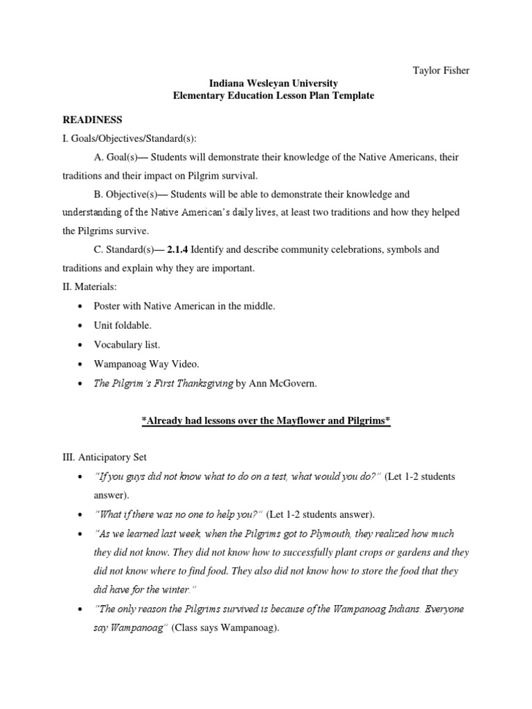 Indiana Wesleyan University Elementary Education Lesson Plan Template ...