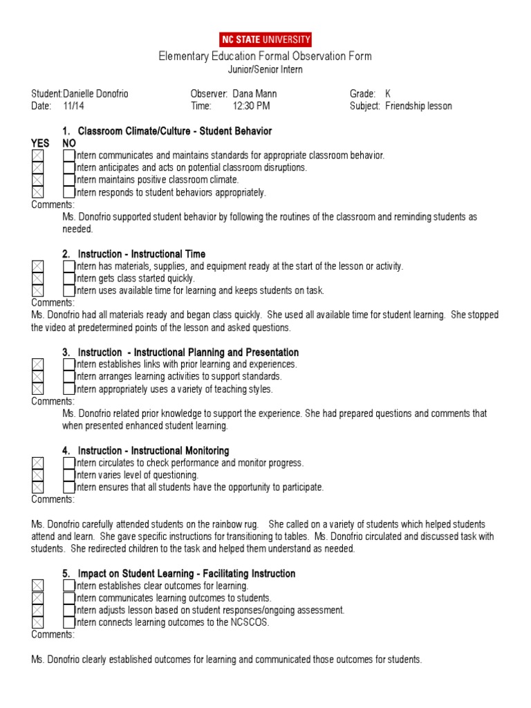Post Observation Form | PDF | Classroom Management | Internship