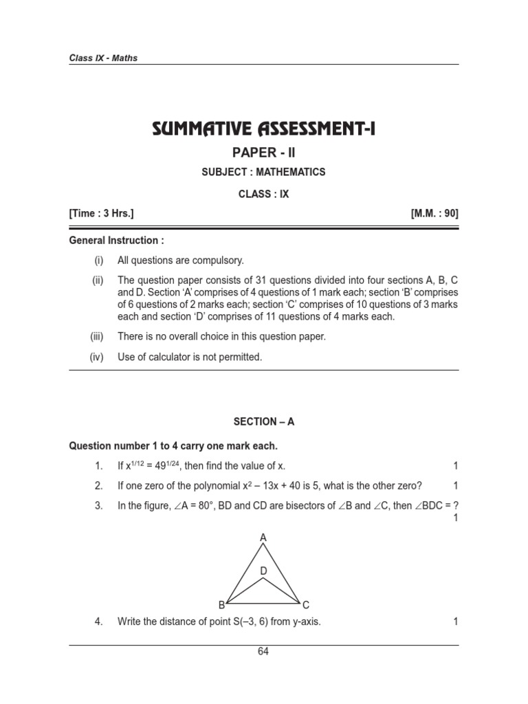 Class IX Maths Summative Assessment 1 | PDF | Triangle | Elementary ...