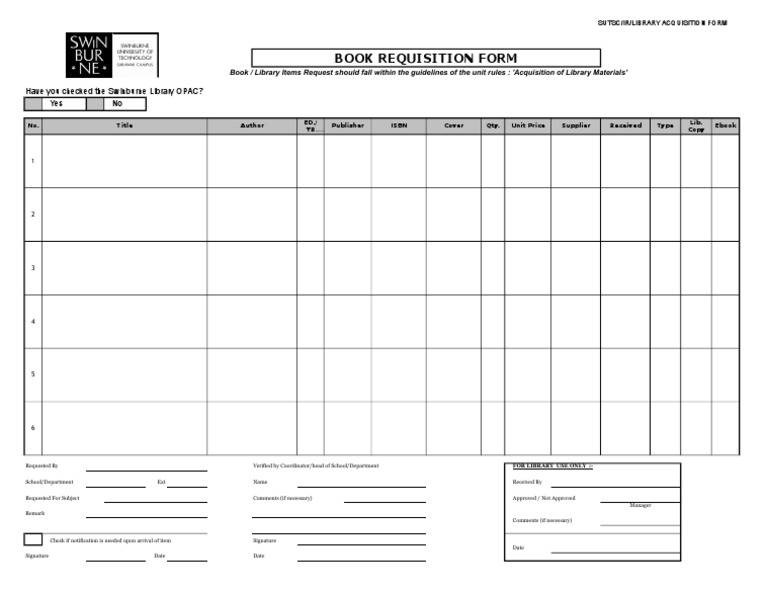 Book Requisition Form | Library And Museum | Books