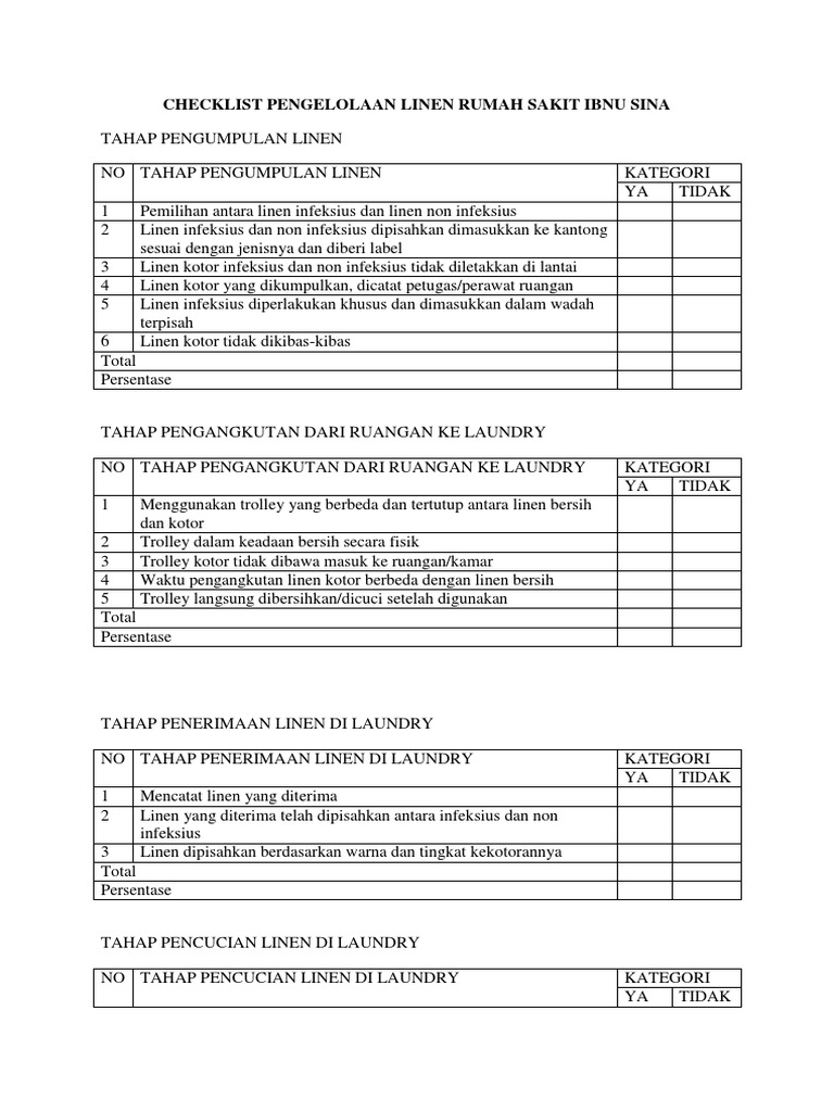 Checklist Pengelolaan Linen | PDF