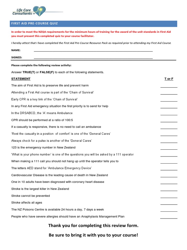First Aid Pre-Course Quiz191216 | PDF