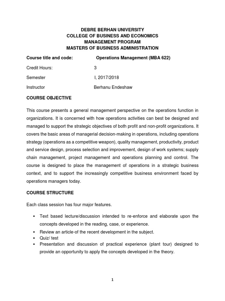 Mba Om Course Outline | PDF | Operations Management | Lean Manufacturing