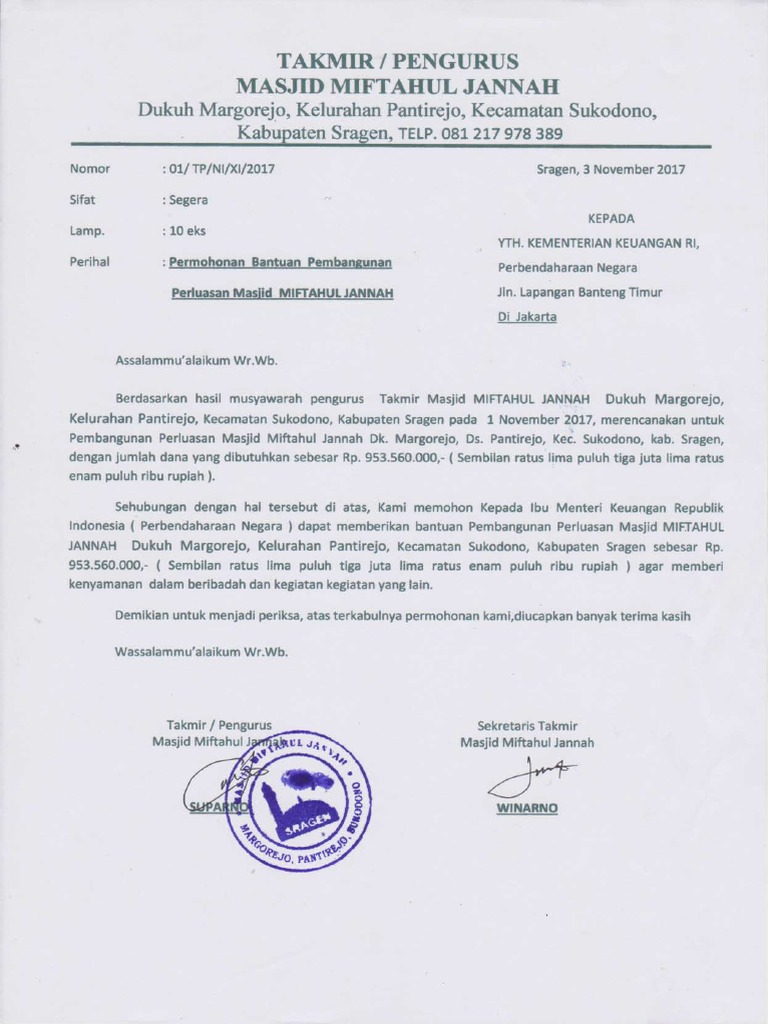 Surat Permohonan Bantuan Masjid Miftahul Jannah Sragen | PDF