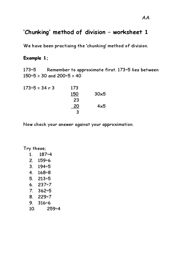 Chunking' Method of Division - Worksheet 1: Example 1 | PDF