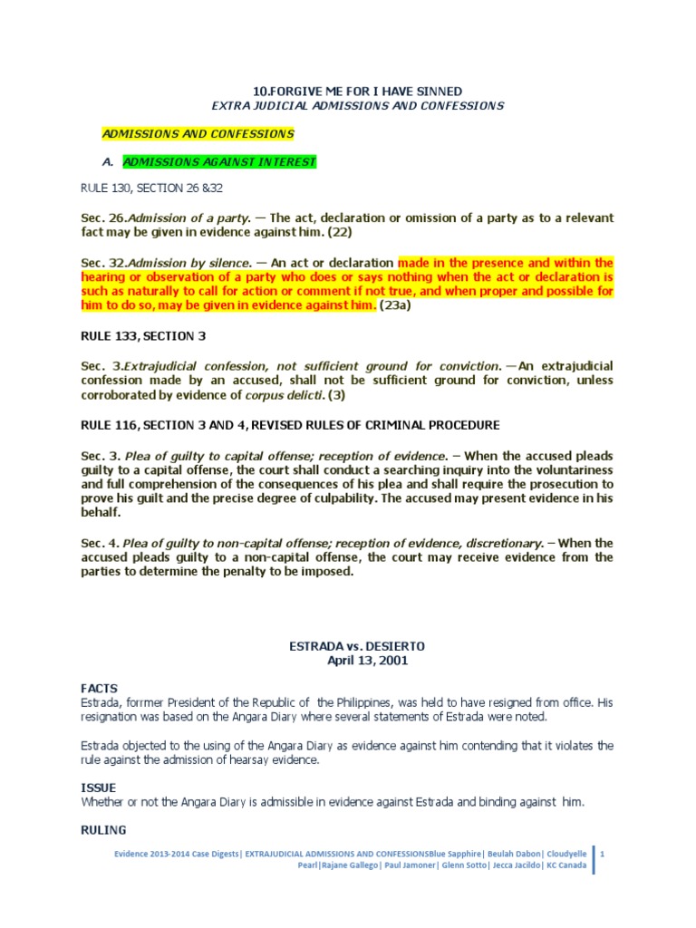 10. Extra Judicial Admissions and Confessions (INCOMPLETE) | Confession ...